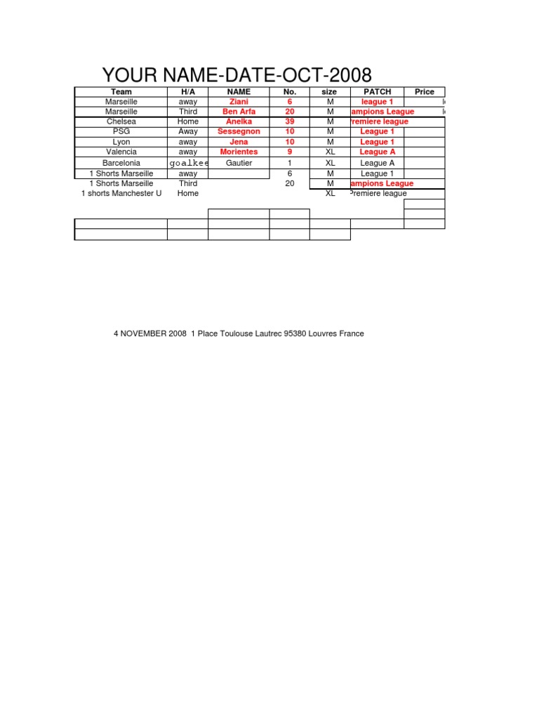 Soccer Team Jersey Inventory List | PDF | Sports & Recreation | Lifestyle