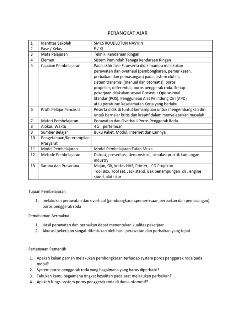 MODUL AJAR Poros Penggerak Roda | PDF