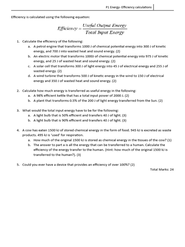 Efficiency Worksheet | PDF | Kinetic Energy | Heat