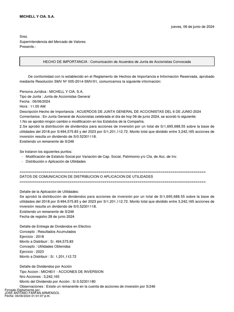 Michell y Cia S.A. | PDF | Compartir (Finanzas) | Dividendo