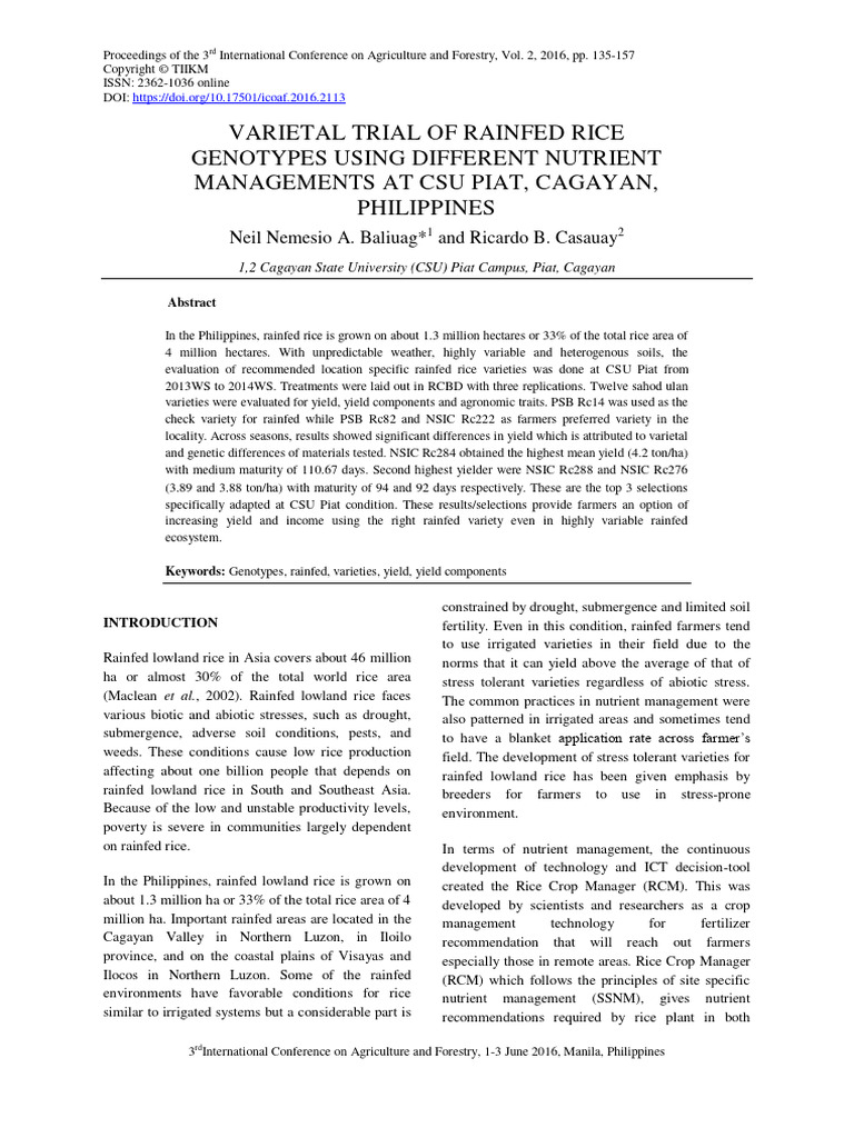 Varietal Trieal of Rainfed Rice - Baliuag Et Al 2016 | PDF | Rice ...