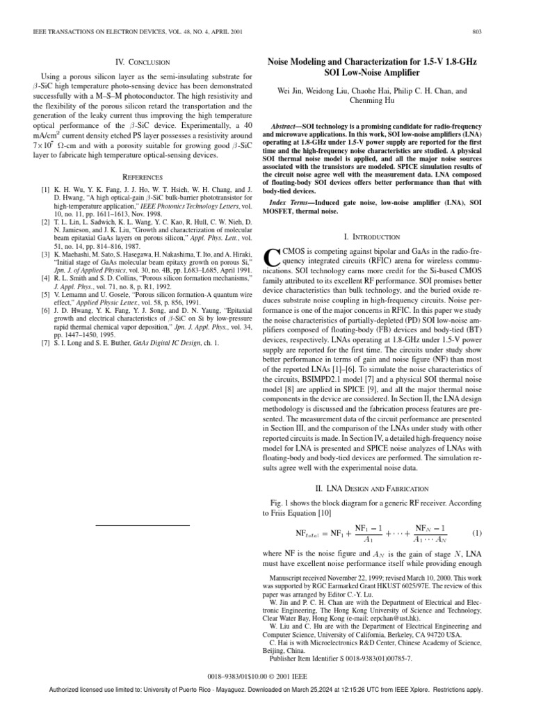 Noise Modeling and Characterization For 1.5-V 1.8-GHz SOI Low-Noise Amplifier | PDF | Mosfet ...