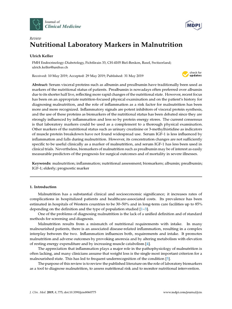 Nutritional Laboratory Markers in Malnutrition J. Clin. Med. 2019, 8 ...