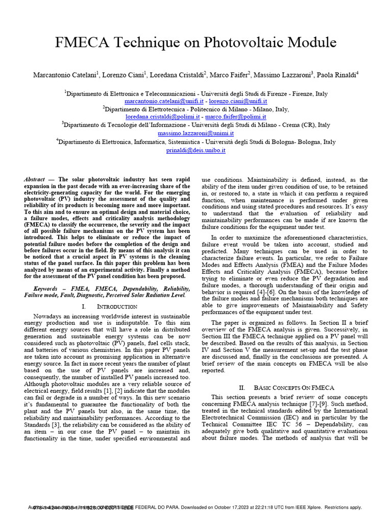 FMECA Technique On Photovoltaic Module | PDF | Photovoltaics | Reliability Engineering