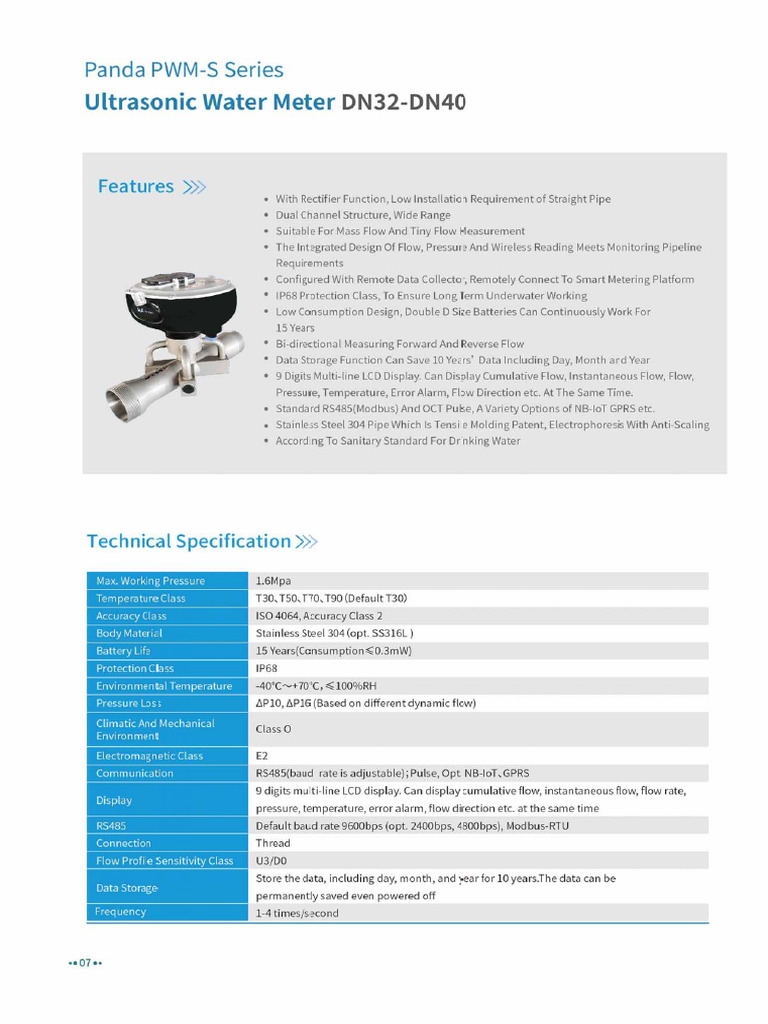 DN32-DN40 Panda PWM Ultrasonic Water Meter | PDF