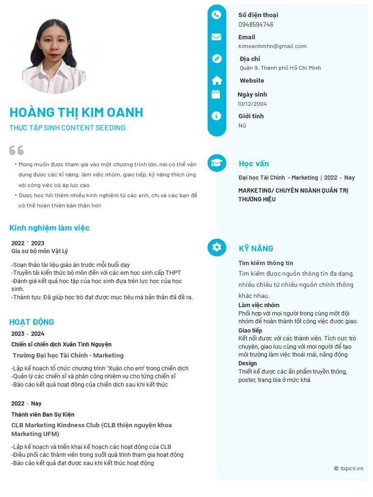 CV Hoàng Thị Kim Oanh - CV Intern Content Seeding | PDF