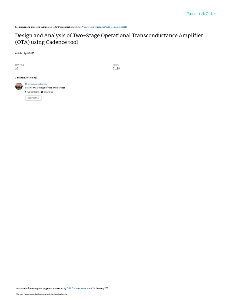 Design And Analysis Of Two Stage Operational Transconductance Amplifier Ota Using Cadence Tool