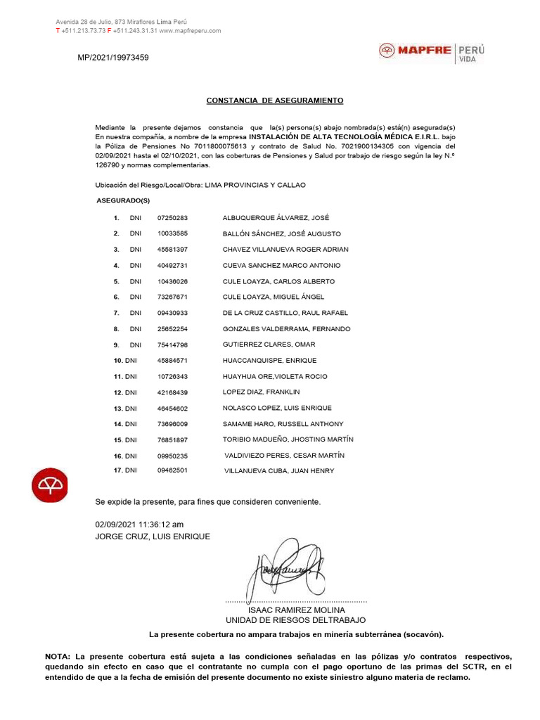 SCTR Setiembre 2021 | PDF | Póliza de seguros