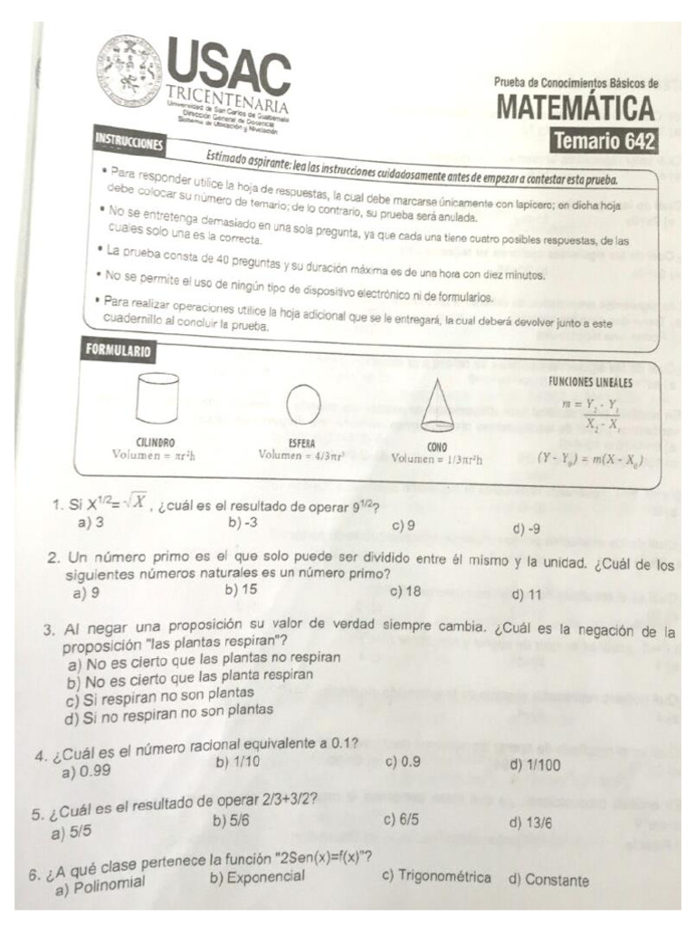 Examen Basico Mate USAC | PDF