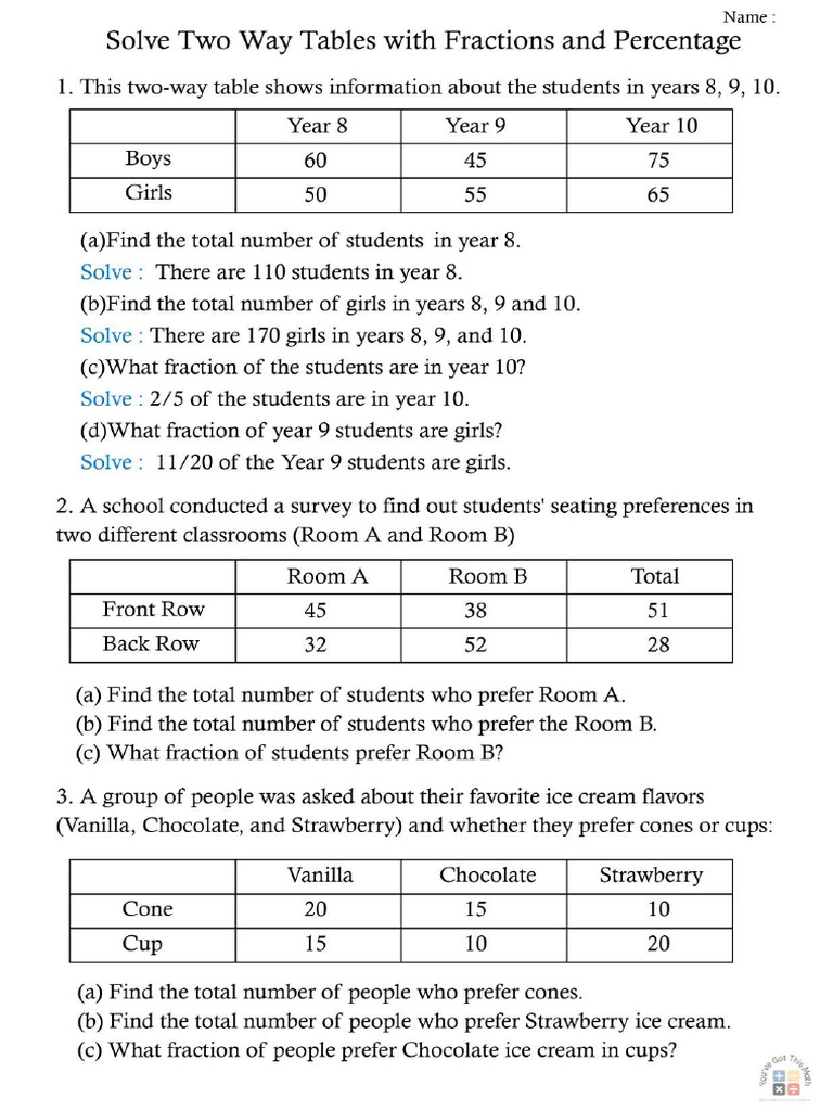 Two Way Tables Worksheet 7 8 | PDF