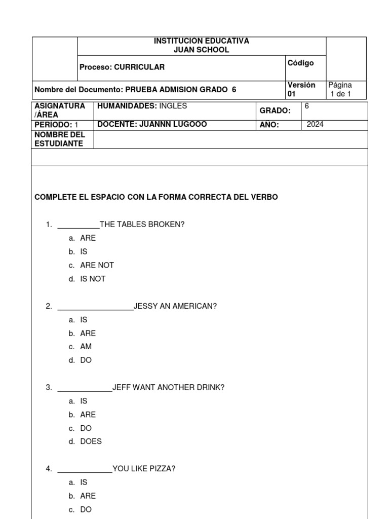 Prueba Ingles Sexto | PDF