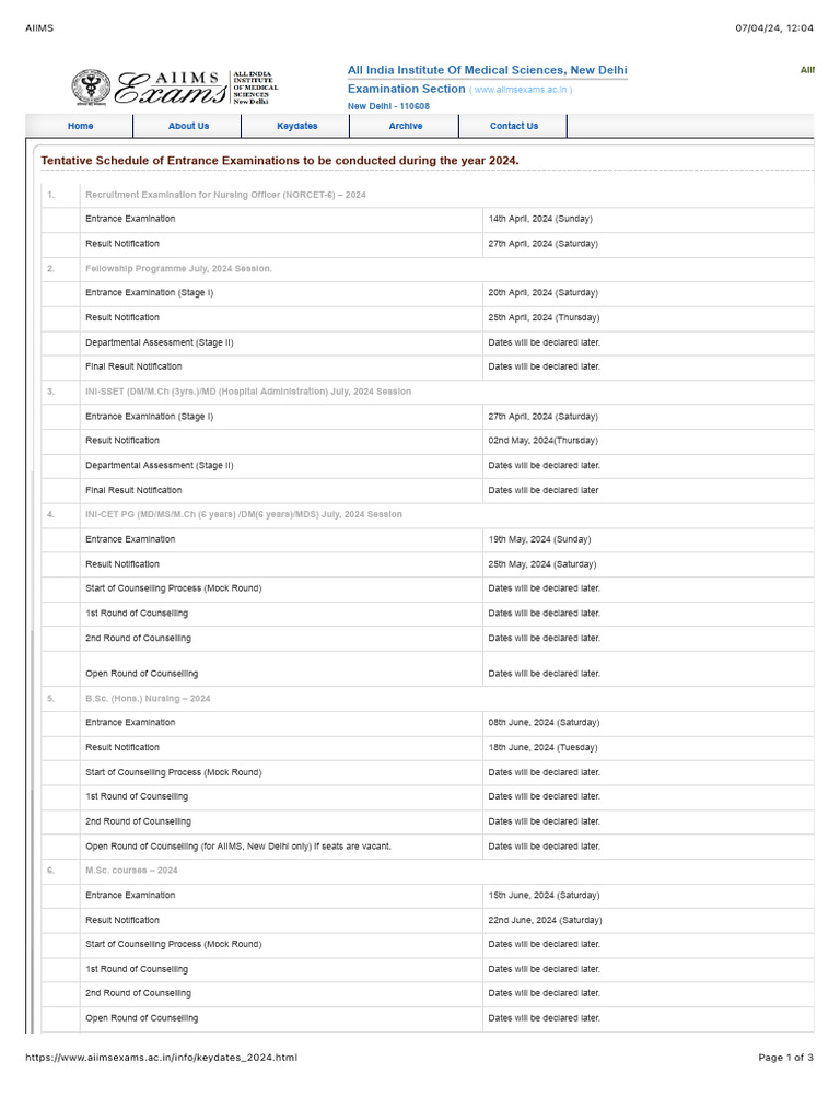Aiims Schedule | PDF | Doctor Of Medicine | Educational Stages