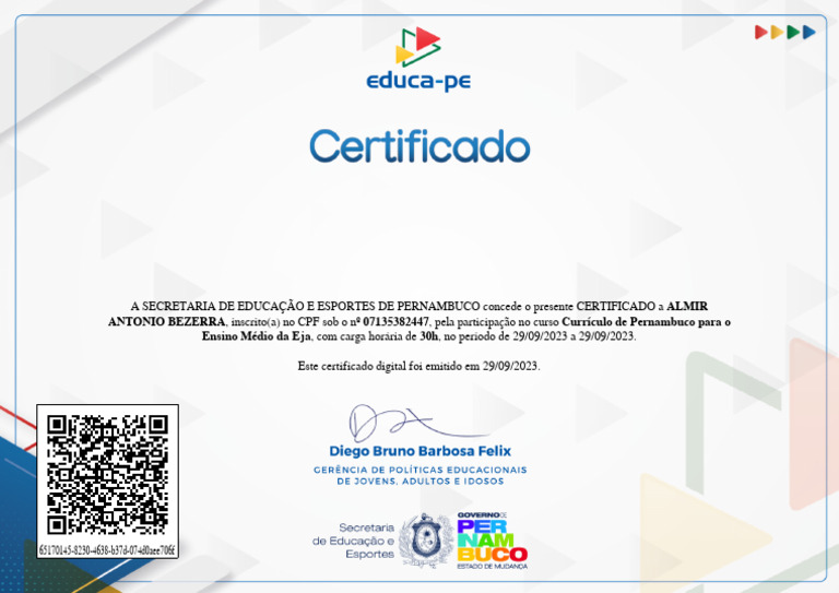 Currículo de Pernambuco para o Ensino Médio Da Eja-Certificado 38962 | PDF