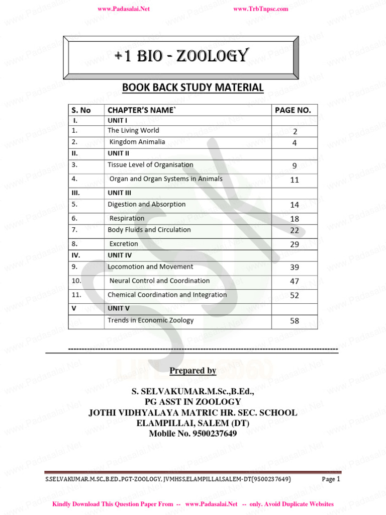 11th Bio Zoology Book Back Study Material English Medium | PDF | Life ...
