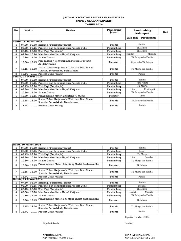 Jadwal Kegiatan Pesantren Ramadhan 2024 | PDF