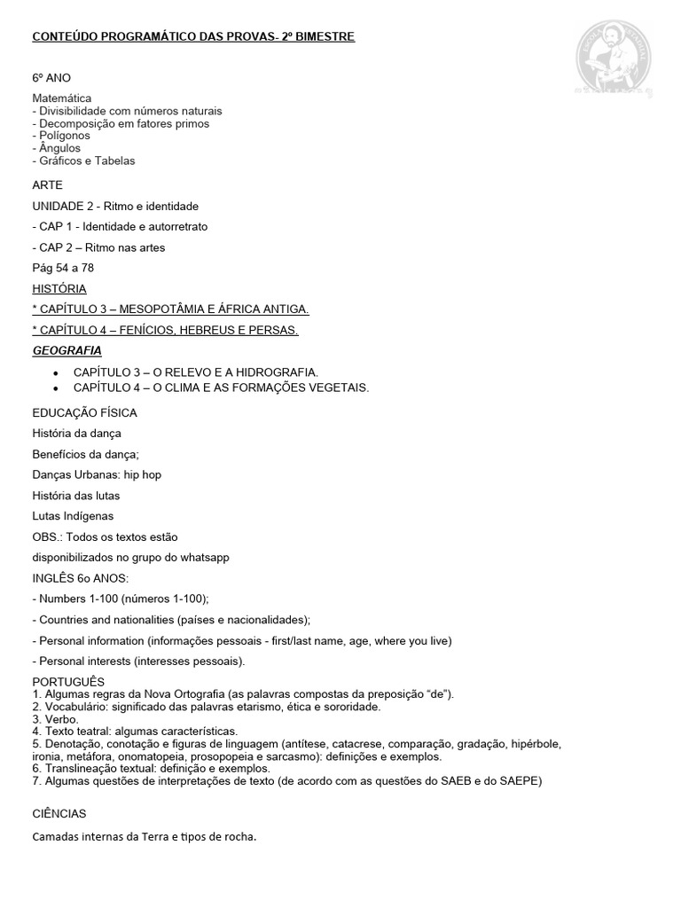 Conteúdo Programatico 2 Bimestre | PDF | Linguística