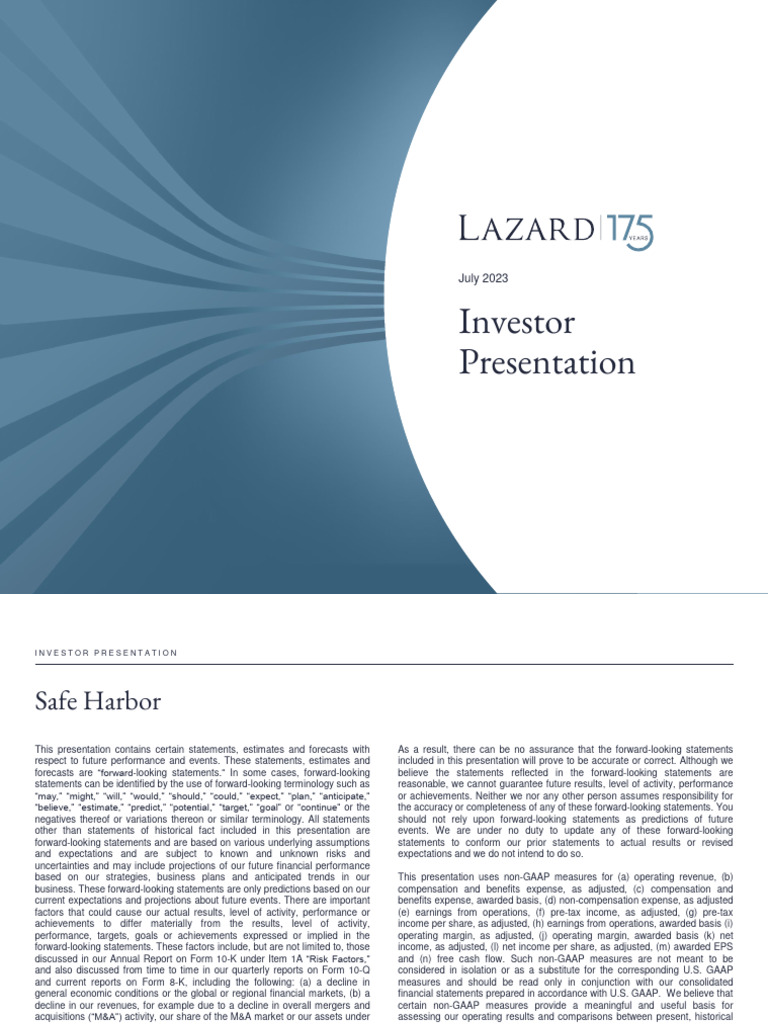Lazard IR 2Q23 FINAL | Download Free PDF | Investing | Mergers And Acquisitions