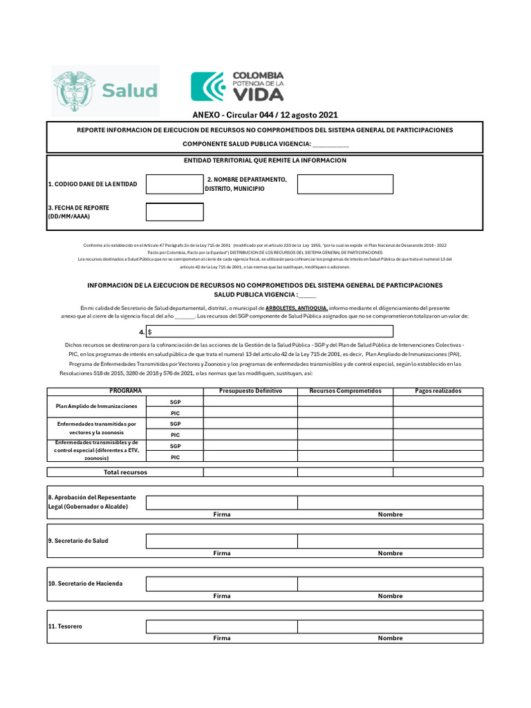 Formato Anexo Circular 044 | PDF | Gobierno