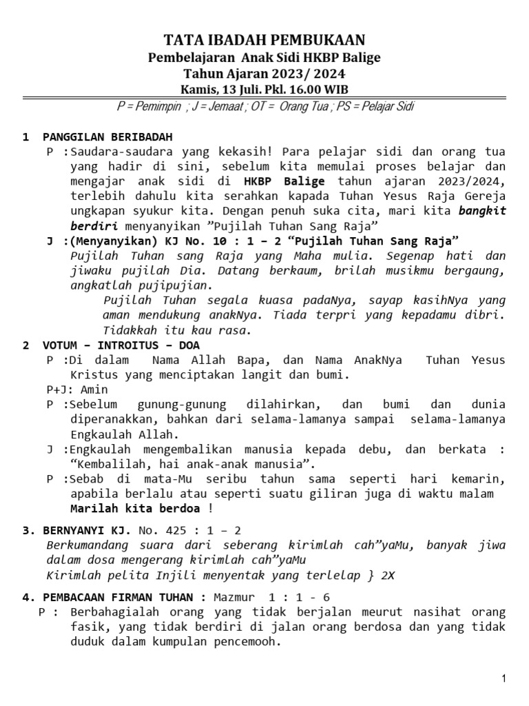 Ibadah Pembukaan Pelajar Sidi 2023 Balige | PDF