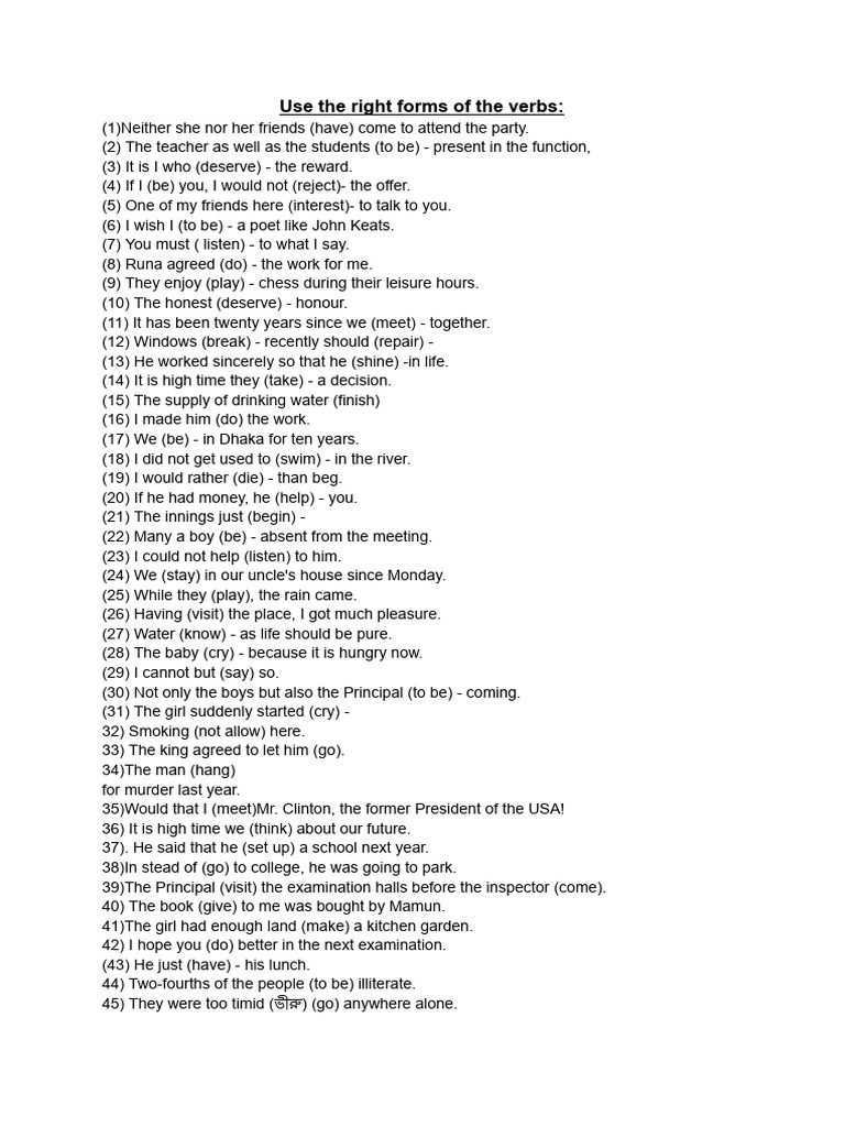Right Form of Verbs Exercise | PDF