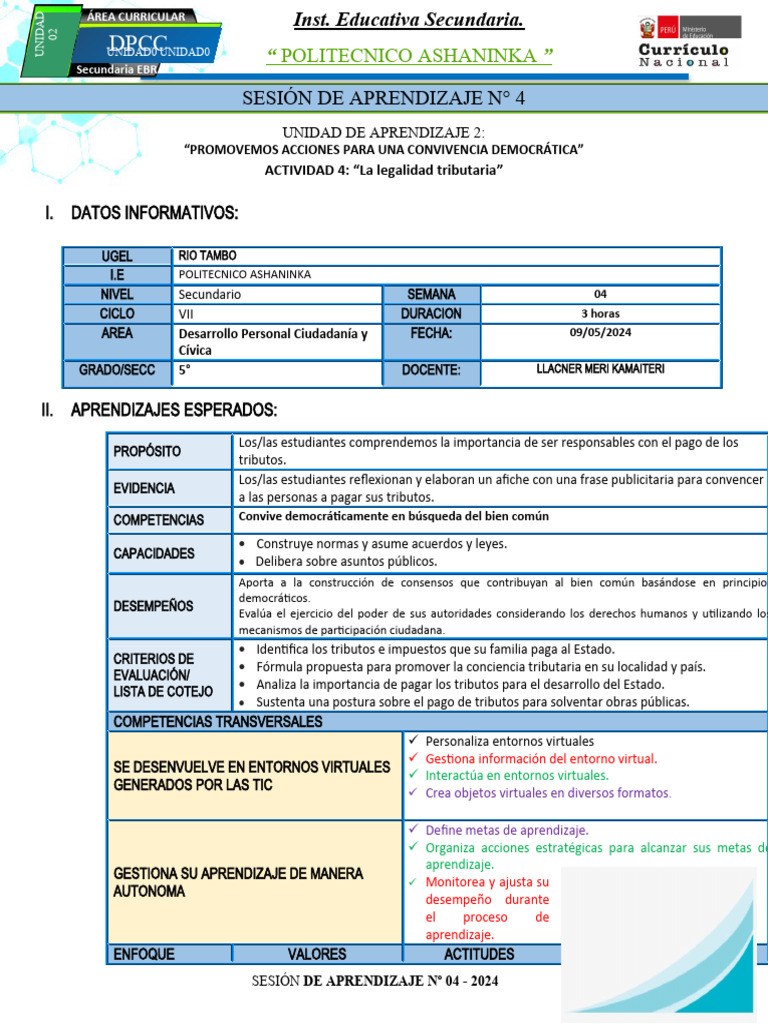 5º DPCC SES 4 UNI 2 SEM 04 - 2024 | Descargar gratis PDF | Aprendizaje | Evaluación