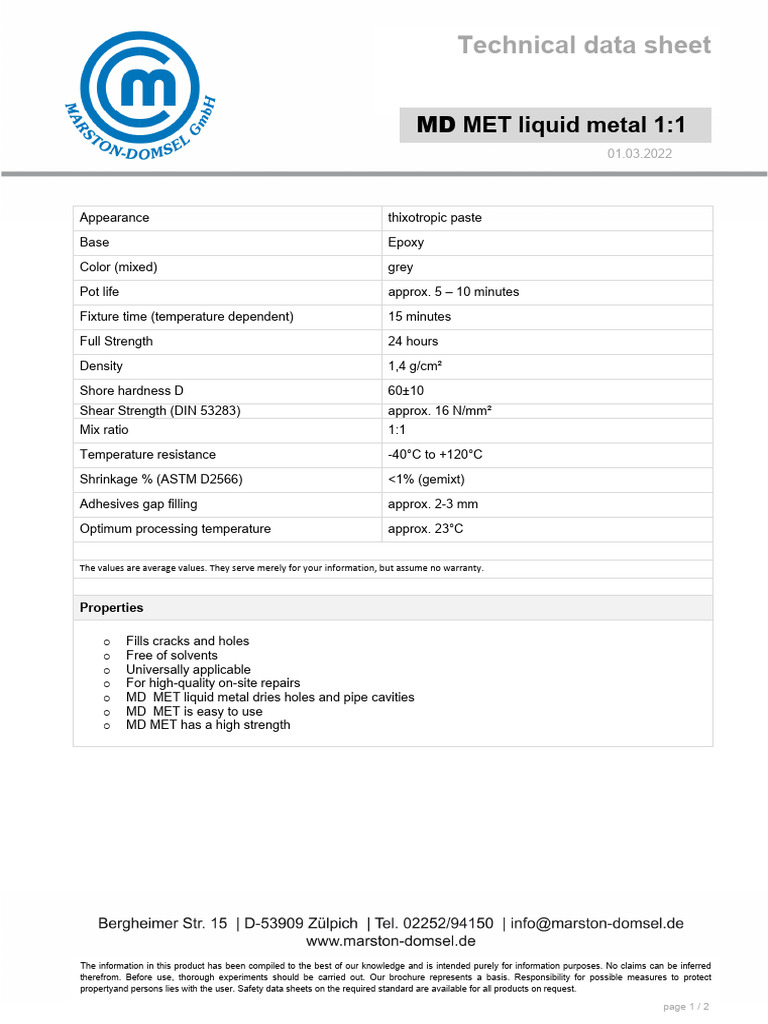 MD MET Liquid Metal 1:1: Technical Data Sheet | PDF | Industrial ...