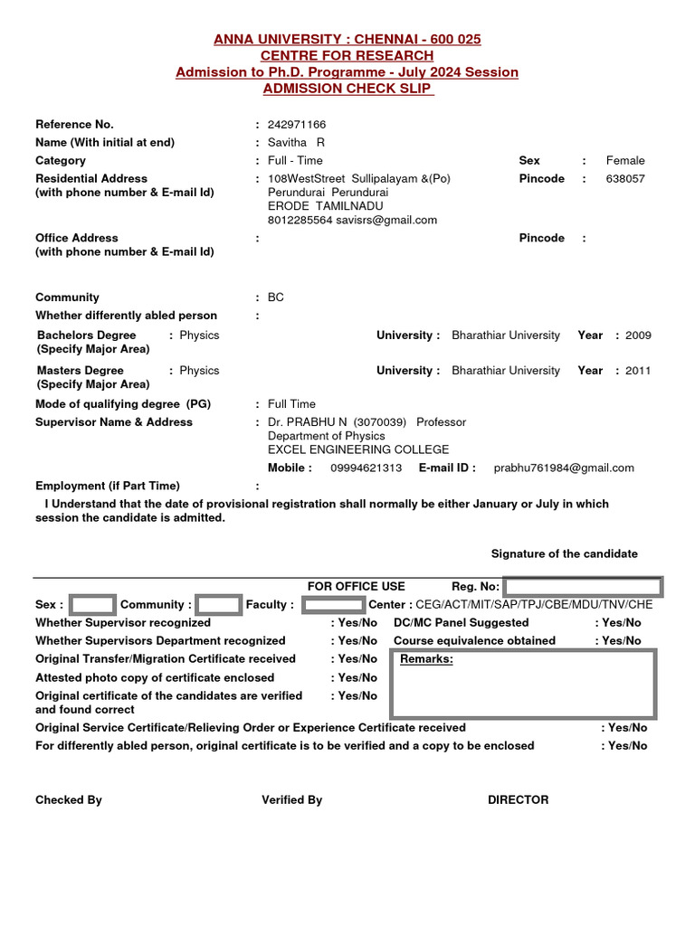 Anna University: Chennai - 600 025 Centre For Research Admission To Ph ...
