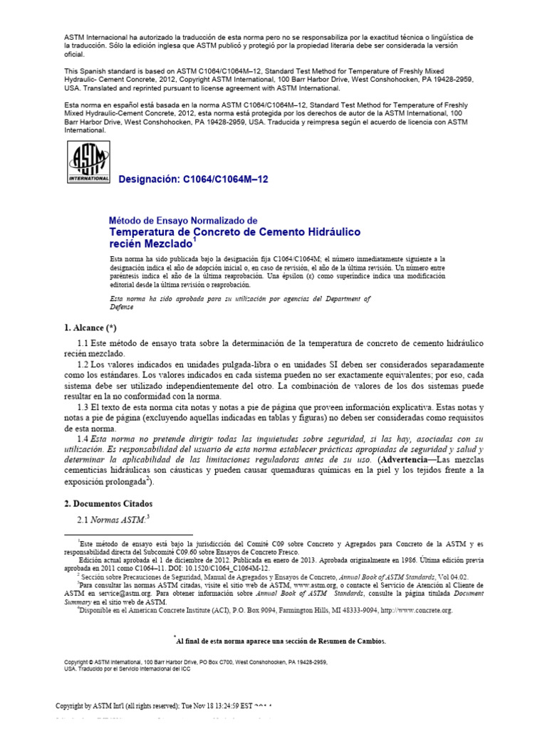 ASTM-C1064-12 Temperatura de Concreto de Cemento Hidráulico | PDF ...