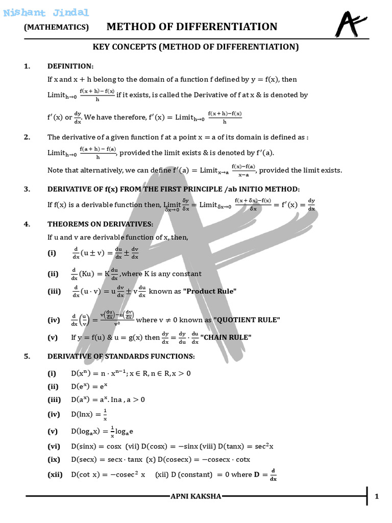 Sheet - 01 Differentiation NJ - 247 | PDF | Function (Mathematics ...
