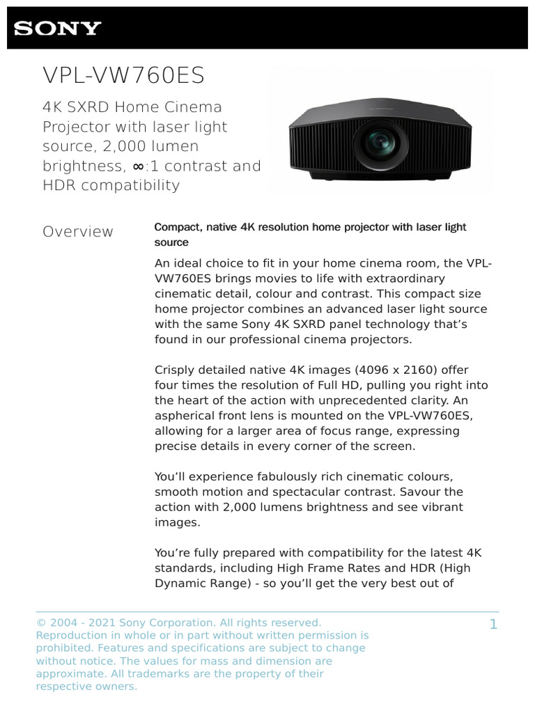 Sony - VPL-VW760ES Datasheet | PDF | Film And Video Technology | Video