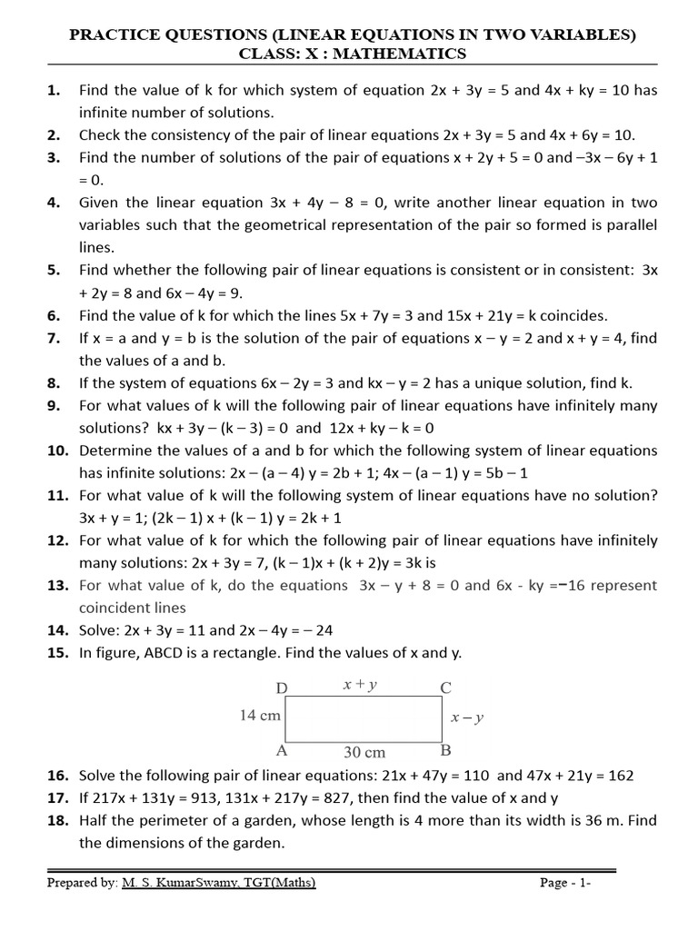 Linear Equations Practice Questions | PDF | Equations | System Of ...