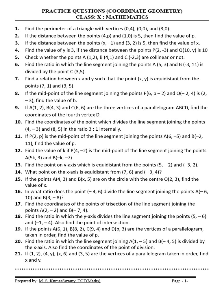 Practice Questions Coordinate Geometry Class X | PDF | Line (Geometry ...