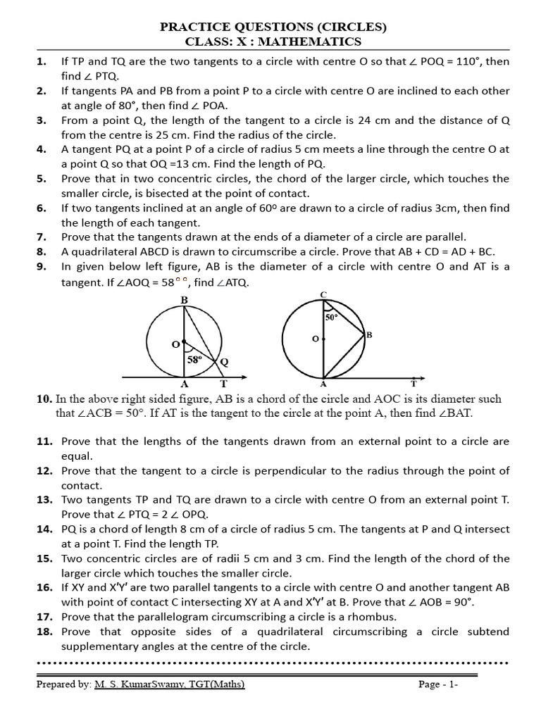 Practice Questions Circles Class x | Download Free PDF | Circle | Perpendicular