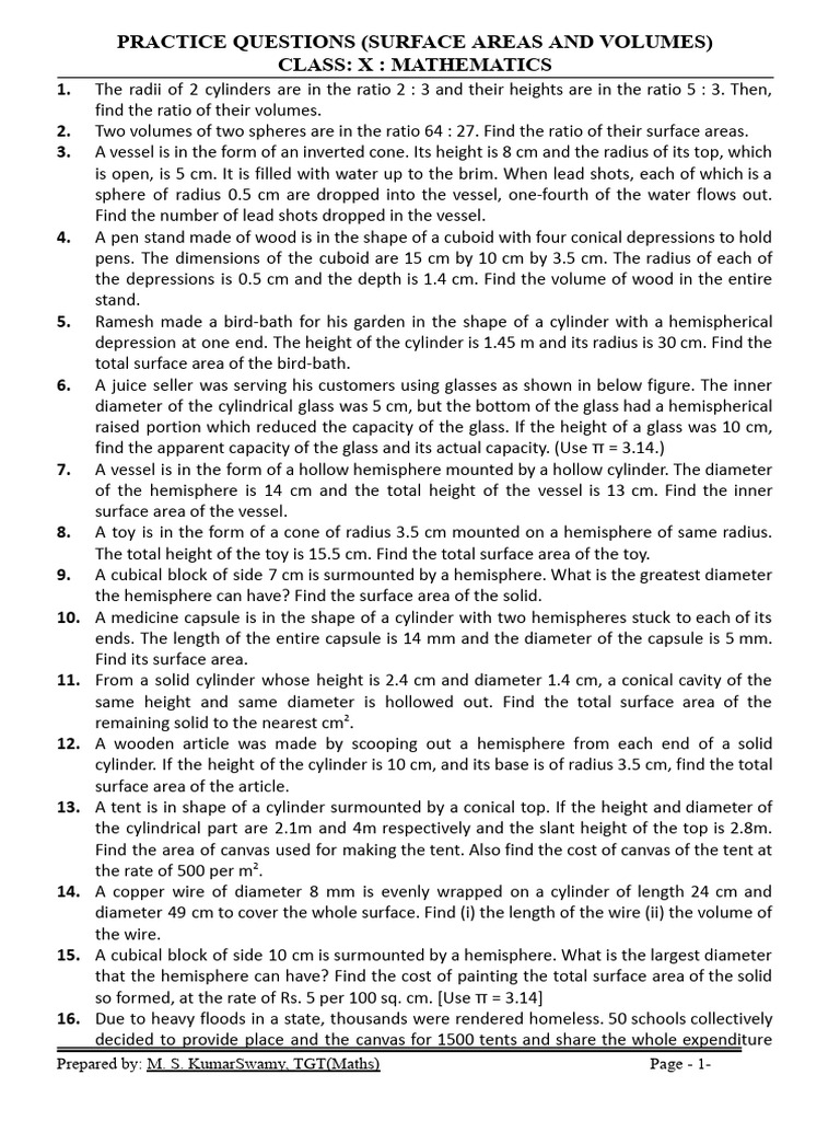 Practice Questions Surface Areas and Volumes Class X | PDF | Sphere | Area
