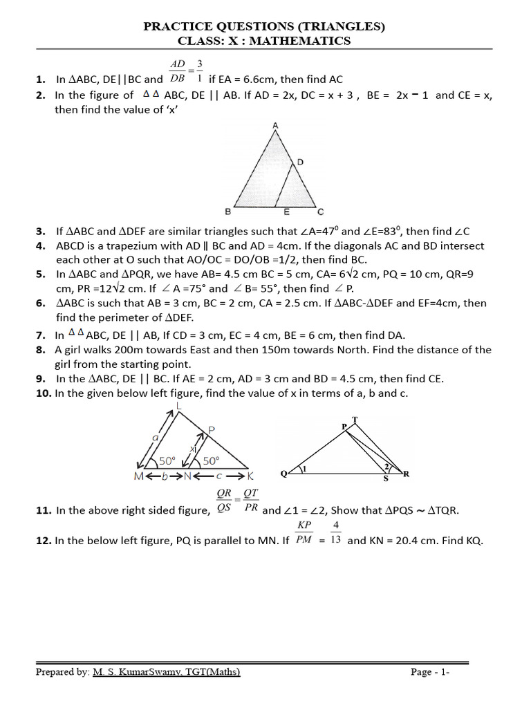Class 10 Triangle Practice Questions | PDF | Geometry | Euclidean Plane ...