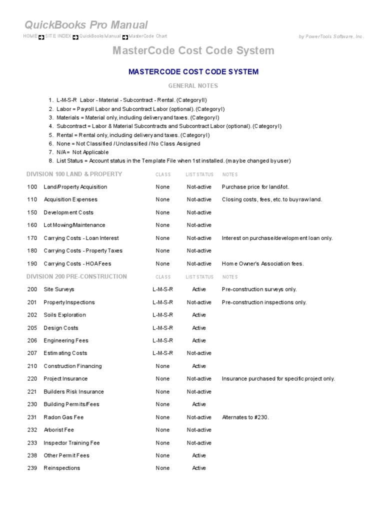 Mastercode Cost Code System: Quickbooks Pro Manual | PDF | Framing (Construction) | Flooring