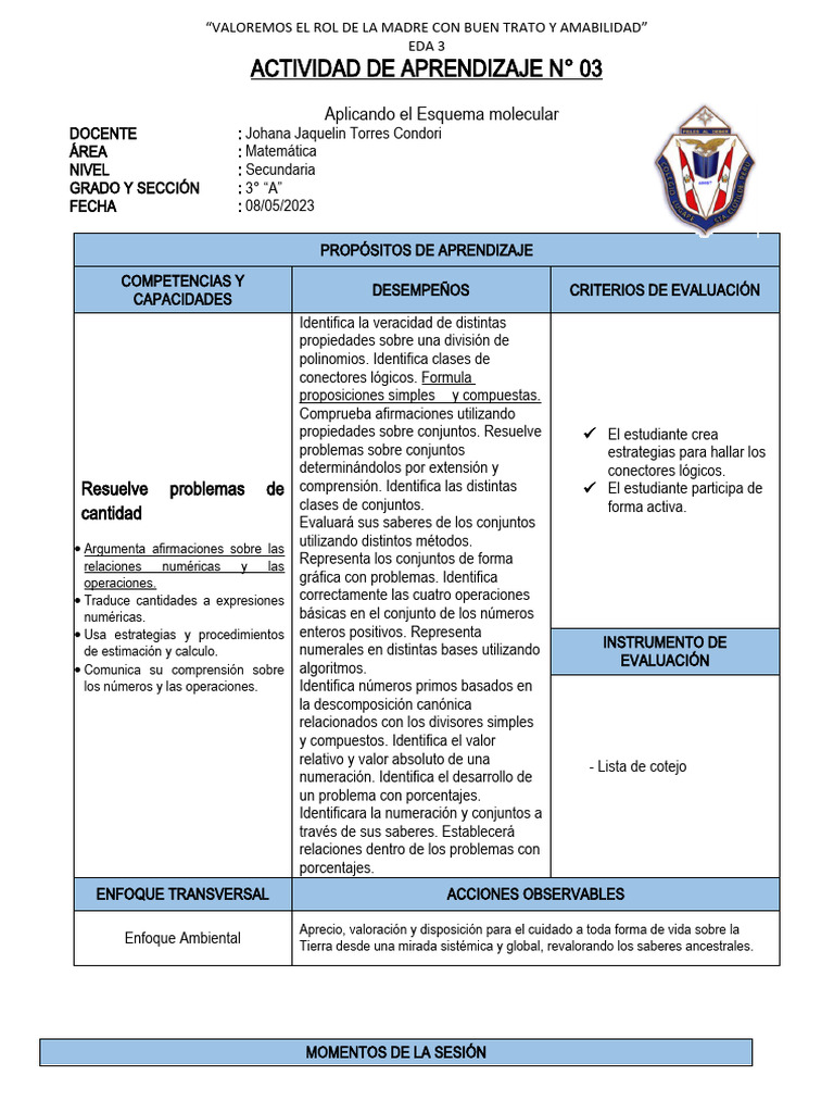 3A_SESION DE APRENDIZAJE_3_E3 | PDF | Proposición | Evaluación