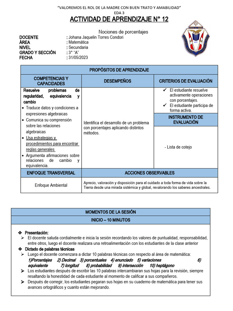 3A_SESION DE APRENDIZAJE_12_E3 | Descargar gratis PDF | Evaluación ...