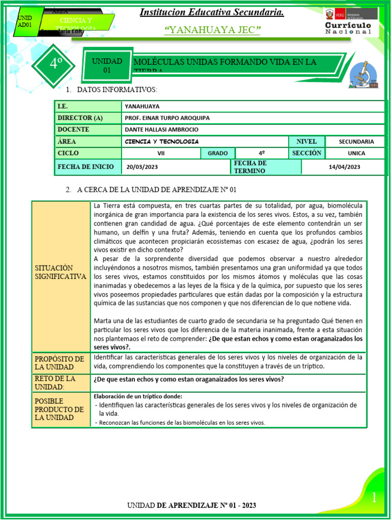 4º Unidad 1 Cyt -2023 | PDF | Organismos | Aprendizaje