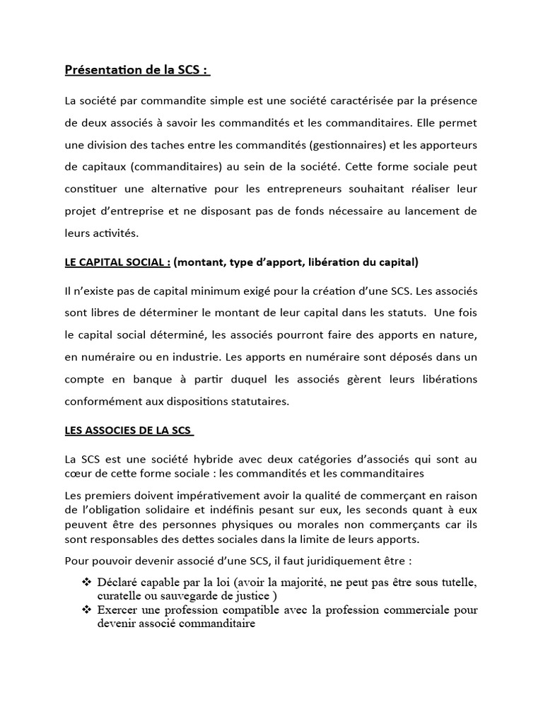 Comprendre la Société en Commandite Simple | PDF