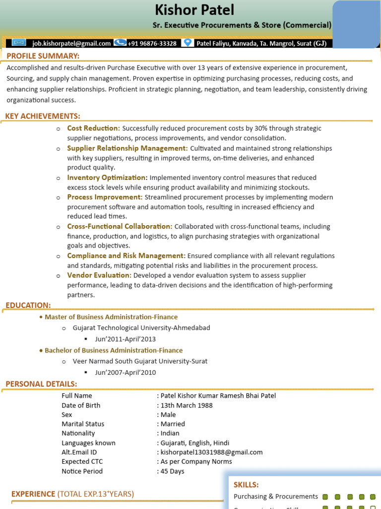 Kishor Patel: Procurement Achievements | PDF | Procurement | Supply Chain