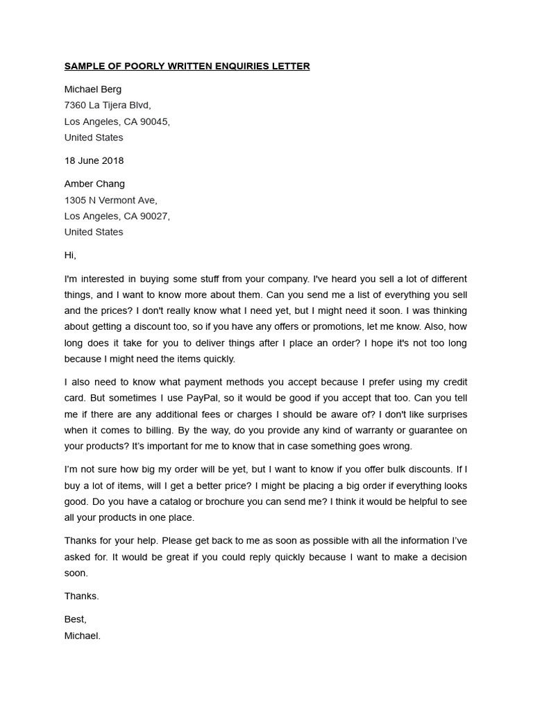 Poorly Written Enquiries Letter | PDF | Self-Improvement