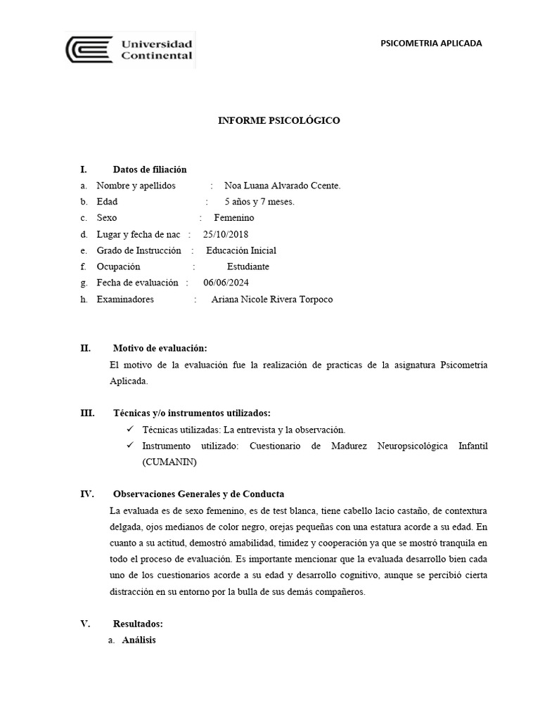 Informe Psicométrico Infantil: Evaluación de Noa | PDF | Ritmo | Percepción