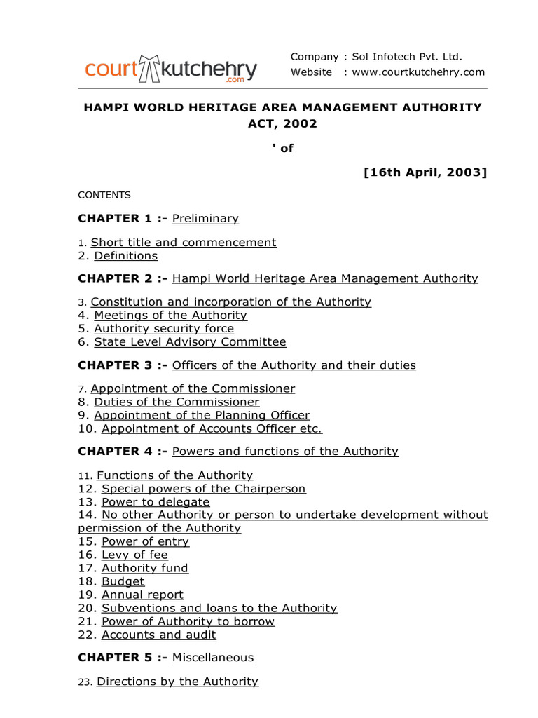 Hampi World Heritage Area Management Authority Act, 2002 | PDF | Banks | Fine (Penalty)