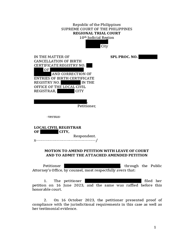 Motion To Amend Petition - Correction of Entry - 2024 | PDF | Birth Certificate | Legal ...