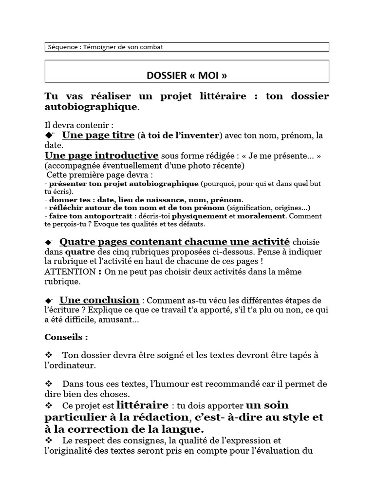 Dossier Autobiographique 3ème | PDF