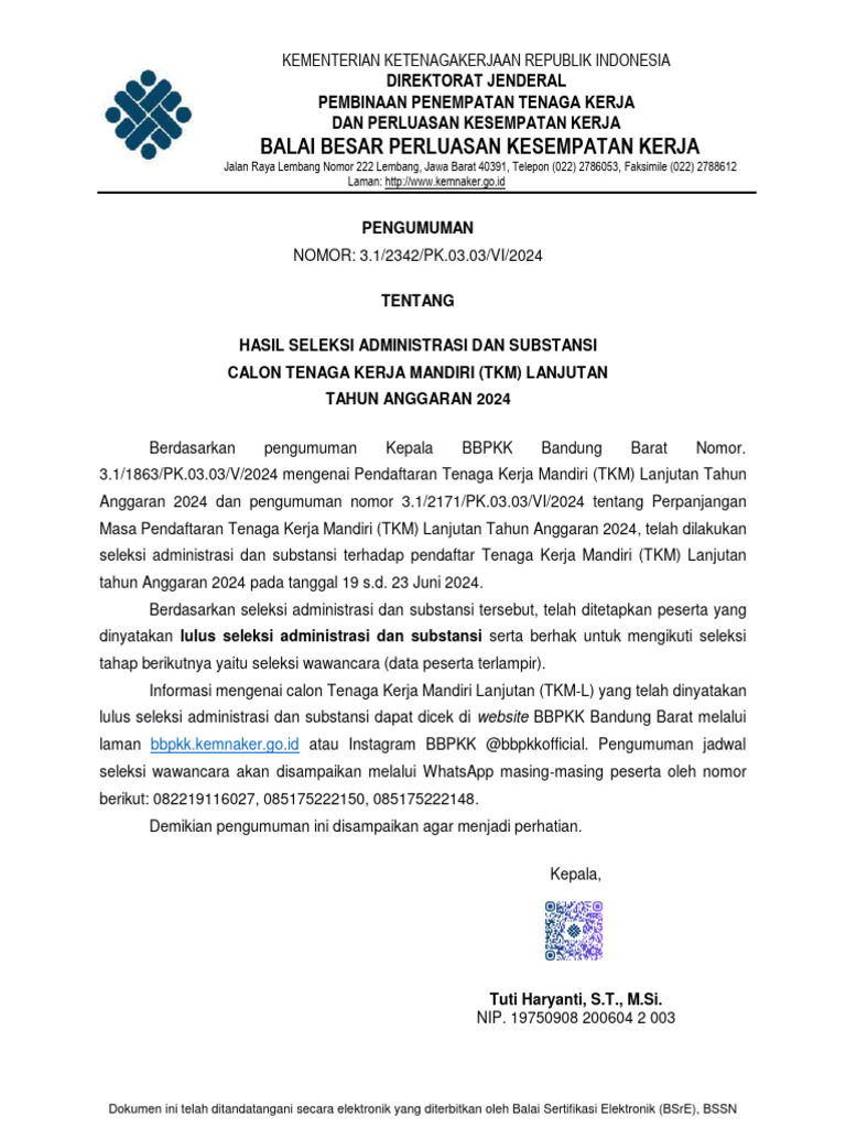 Pengumuman Hasil Seleksi Administrasi Dan Substansi TKML 2024 | PDF