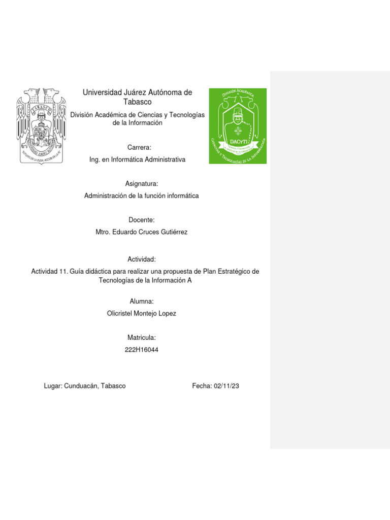 11 Montejo Lopez Olicristel GuiaPETI A | PDF | Planificación estratégica | Análisis FODA