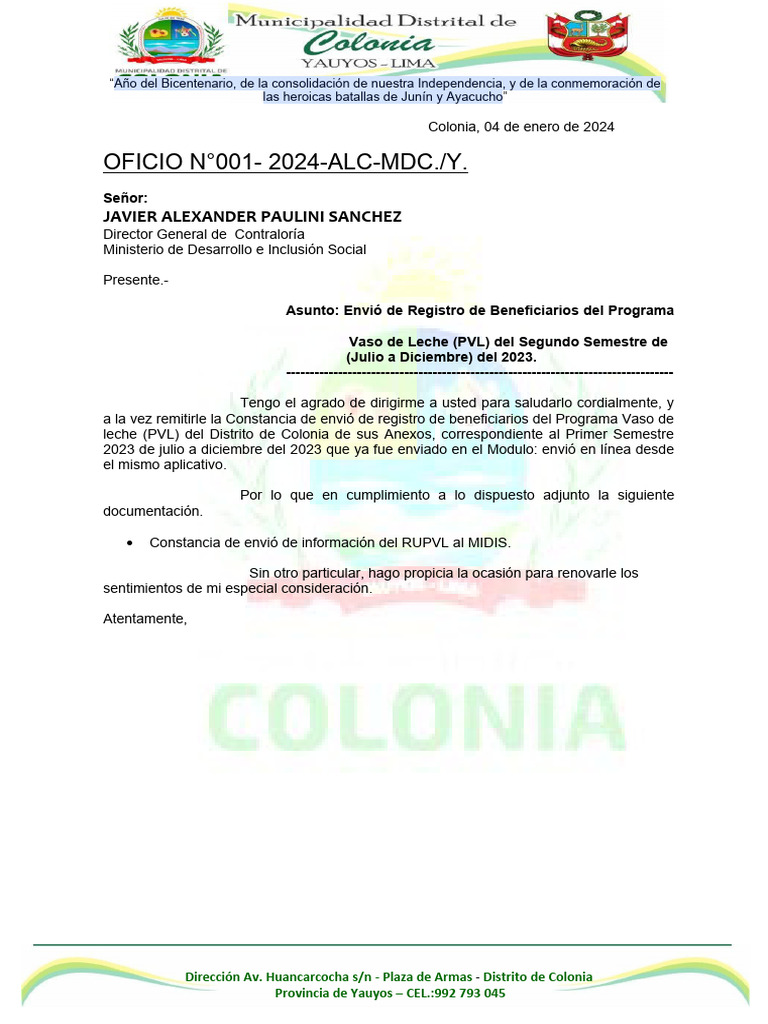 Oficio Colonia 2024 | PDF | Gobierno