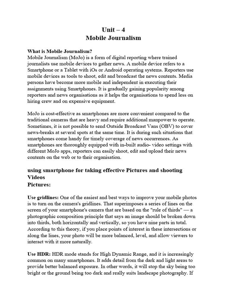 Unit-4 Mobile Journalism | PDF | Smartphone | Exposure (Photography)